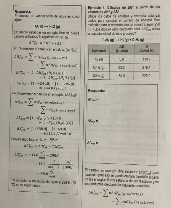 Solved Ejercicio 4. Caalculos de ΔG∘ a partir de los | Chegg.com