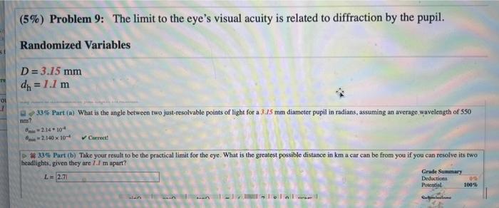 Solved (5\%) Problem 9: The limit to the eye's visual acuity | Chegg.com