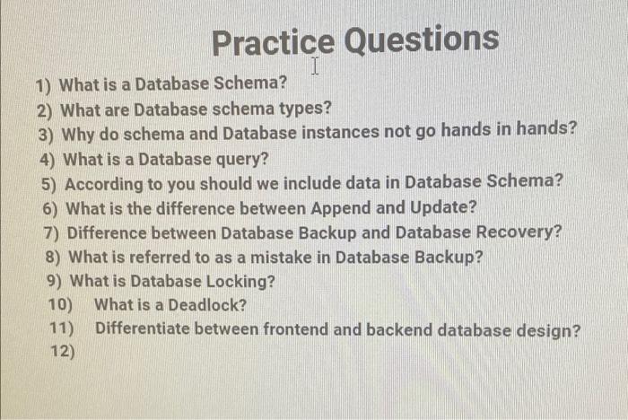 Solved Practice Questions I 1) What is a Database Schema? 2) | Chegg.com