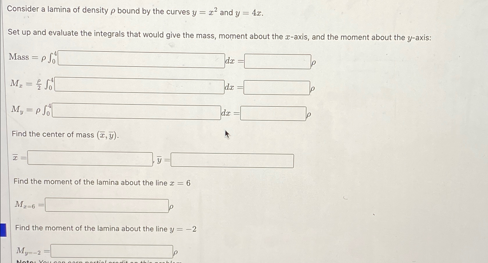 Solved Consider a lamina of density ρ ﻿bound by the curves | Chegg.com