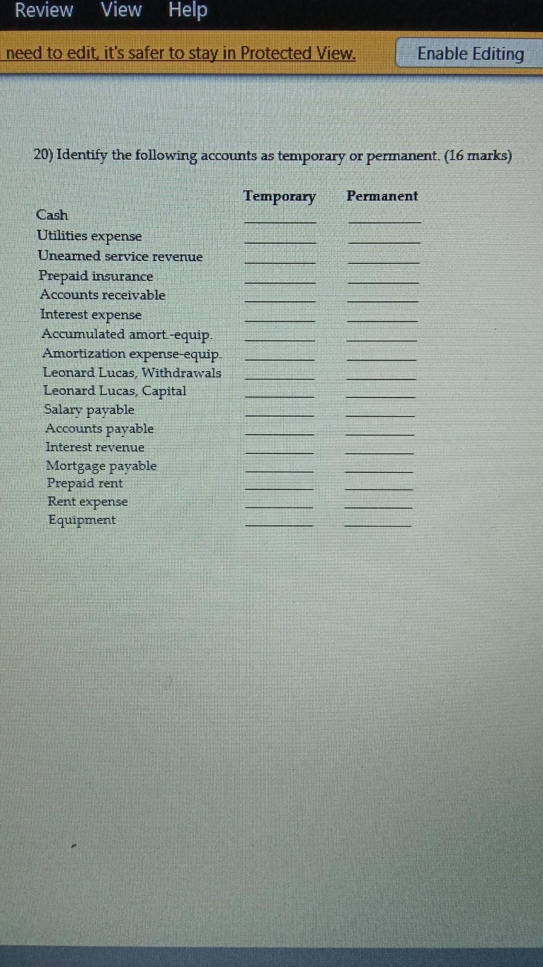 Solved 20) Identify the following accounts as temporary or | Chegg.com
