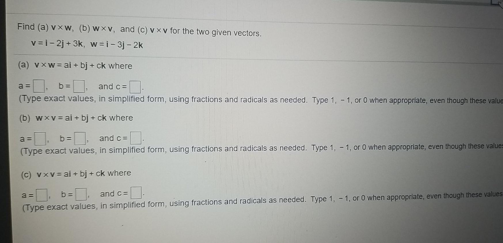 Solved Find (a) vxw, (b) wxv, and (c) vxy for the two given | Chegg.com