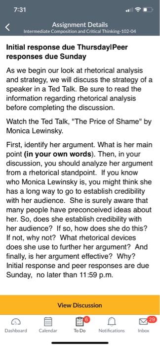 Initial response due ThursdaylPeer responses due | Chegg.com