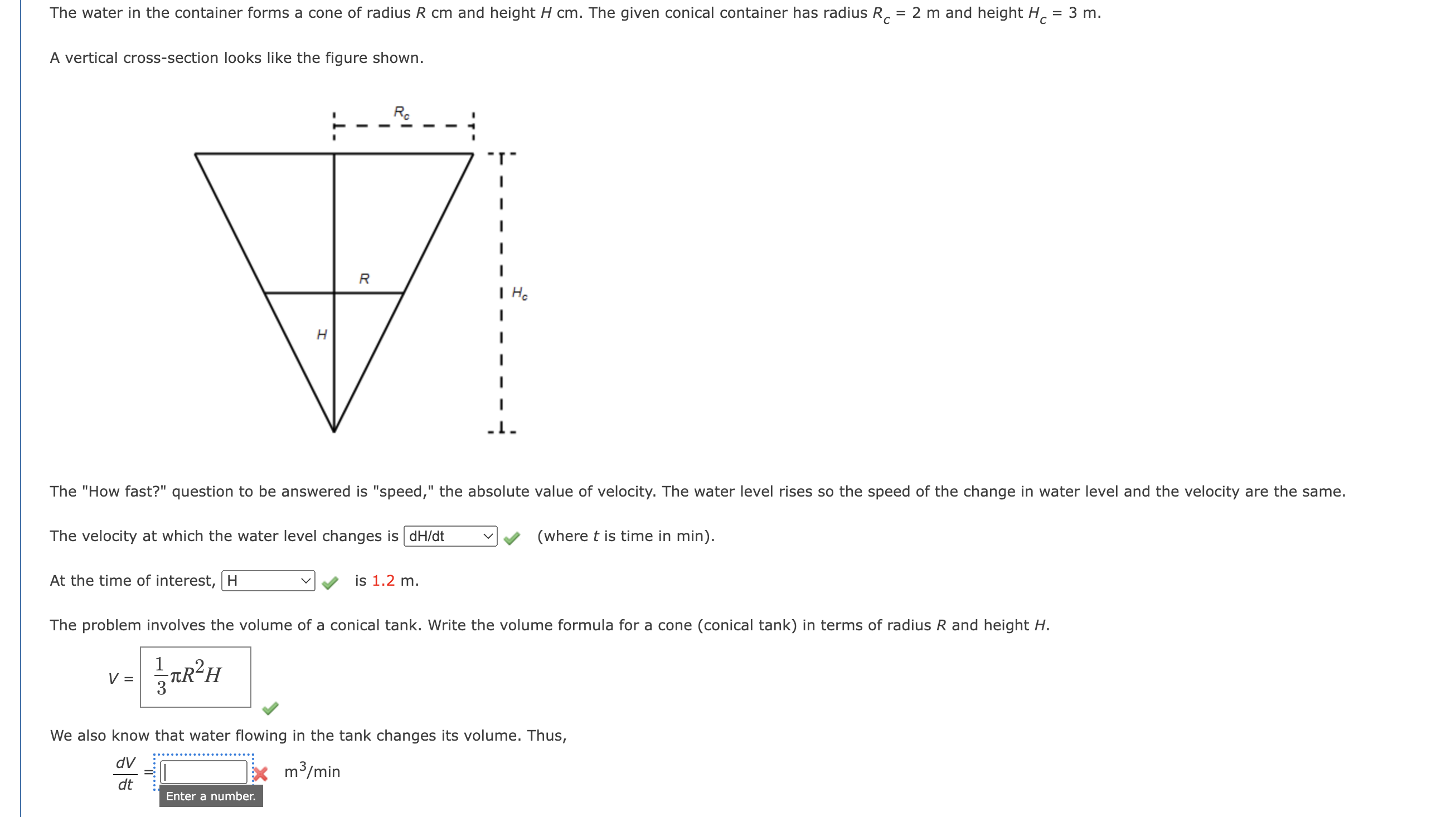 Solved The water in the container forms a cone of radius Rcm | Chegg.com