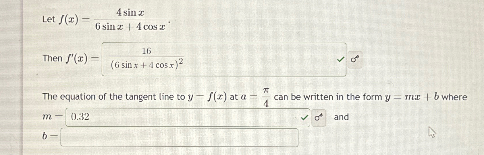 Solved Let f(x)=4sinx6sinx+4cosx.Then f'(x)The equation of | Chegg.com