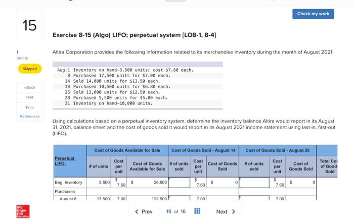 Solved Check my work 15 Exercise 8-15 (Algo) LIFO: perpetual | Chegg.com