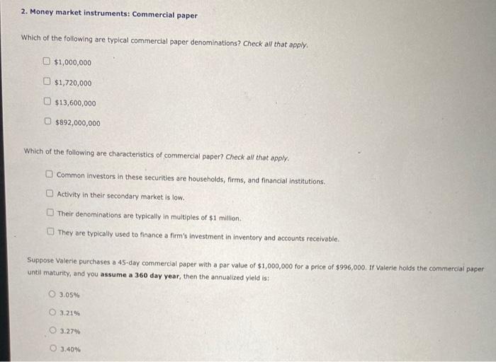 Solved 2. Money market instruments: Commercial paper Which | Chegg.com