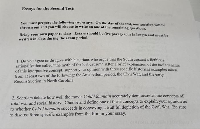 Essays for the Second Test: You must prepare the | Chegg.com