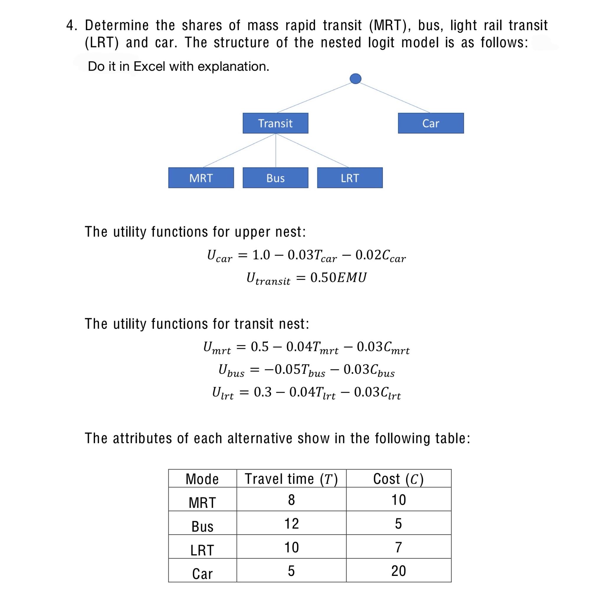 Solved Determine the shares of mass rapid transit (MRT), | Chegg.com