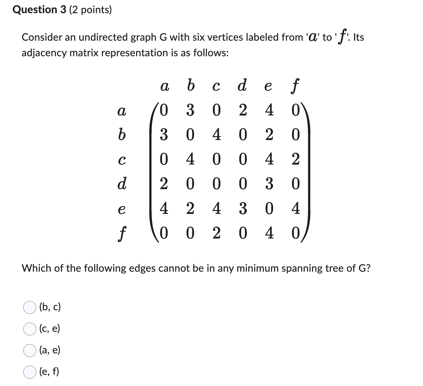 Solved Question 3 (2 ﻿points)Consider an undirected graph G | Chegg.com