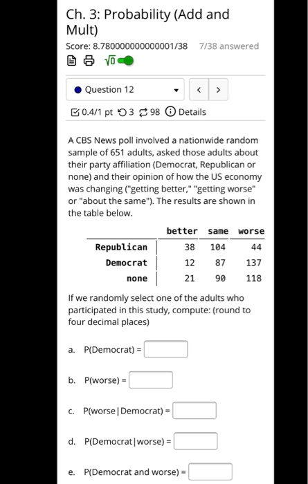 Solved Ch. 3: Probability (Add and Mult) Score: | Chegg.com