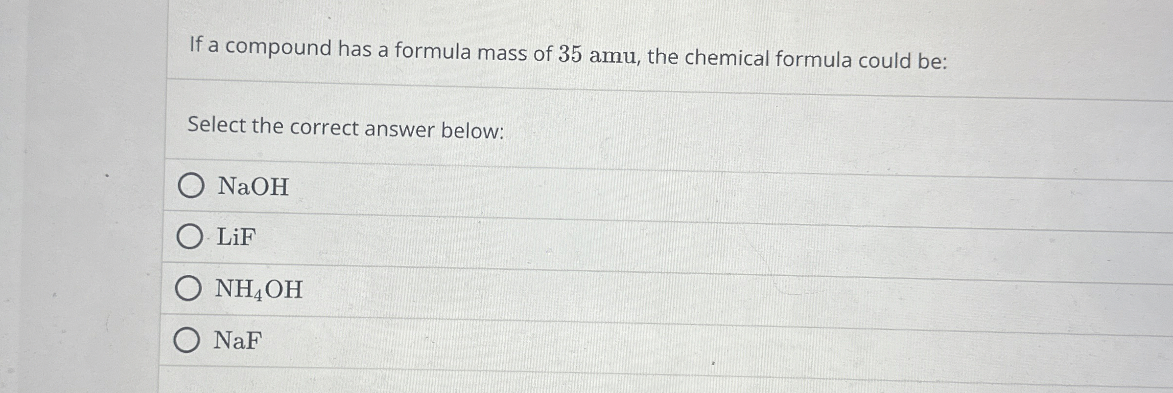 Solved If a compound has a formula mass of 35 ﻿amu , ﻿the | Chegg.com