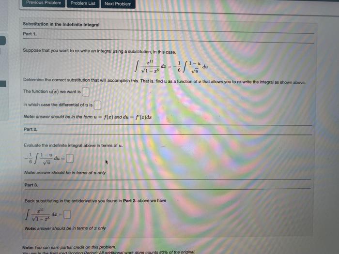 Solved Substitution in the Indefinite Integral Part 1. | Chegg.com