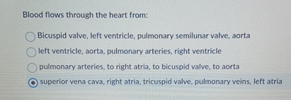 Solved Blood flows through the heart from:Bicuspid valve, | Chegg.com