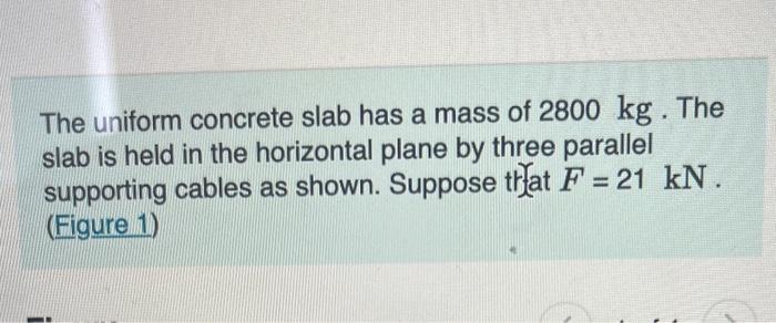 Solved The uniform concrete slab has a mass of 2800 kg. The | Chegg.com