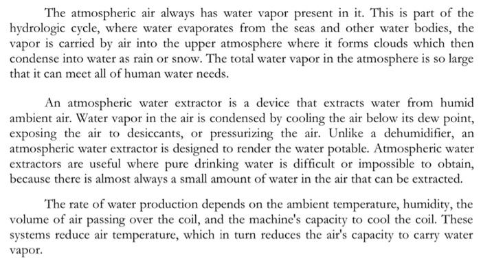 Solved Design an atmospheric water vapor extractor for home | Chegg.com