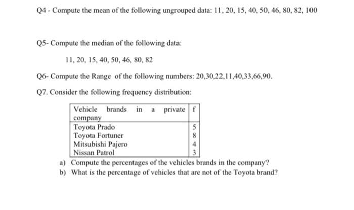Solved Q4 - Compute the mean of the following ungrouped | Chegg.com
