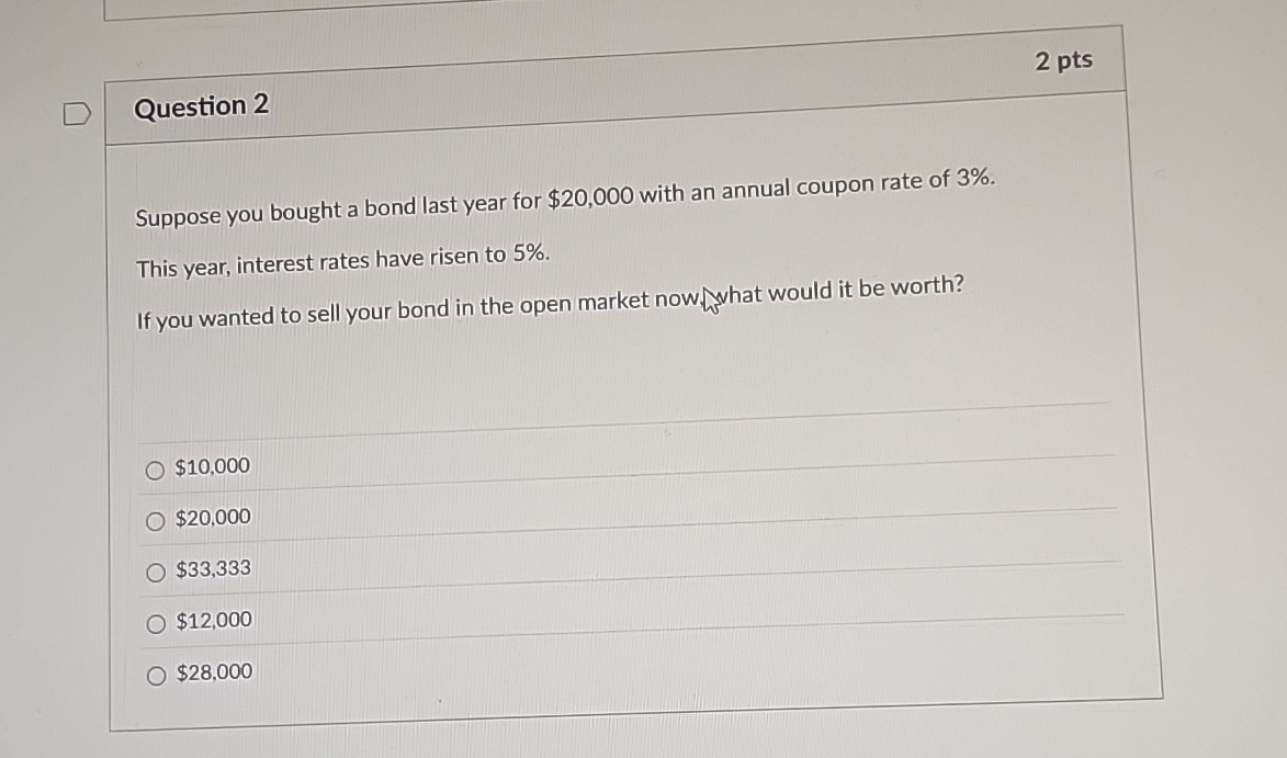 Solved 2 ﻿ptsQuestion 2Suppose you bought a bond last year | Chegg.com