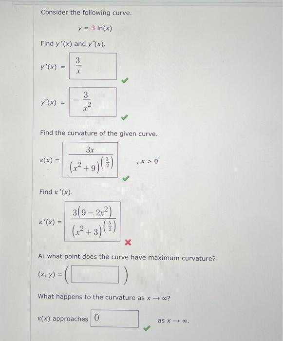 Solved Consider the following curve. y=3ln(x) Find y′(x) and | Chegg.com