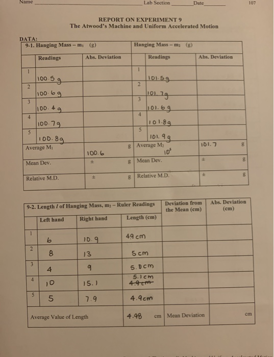 Lab Section REPORT ON EXPERIMENT 9 The Atwood's | Chegg.com