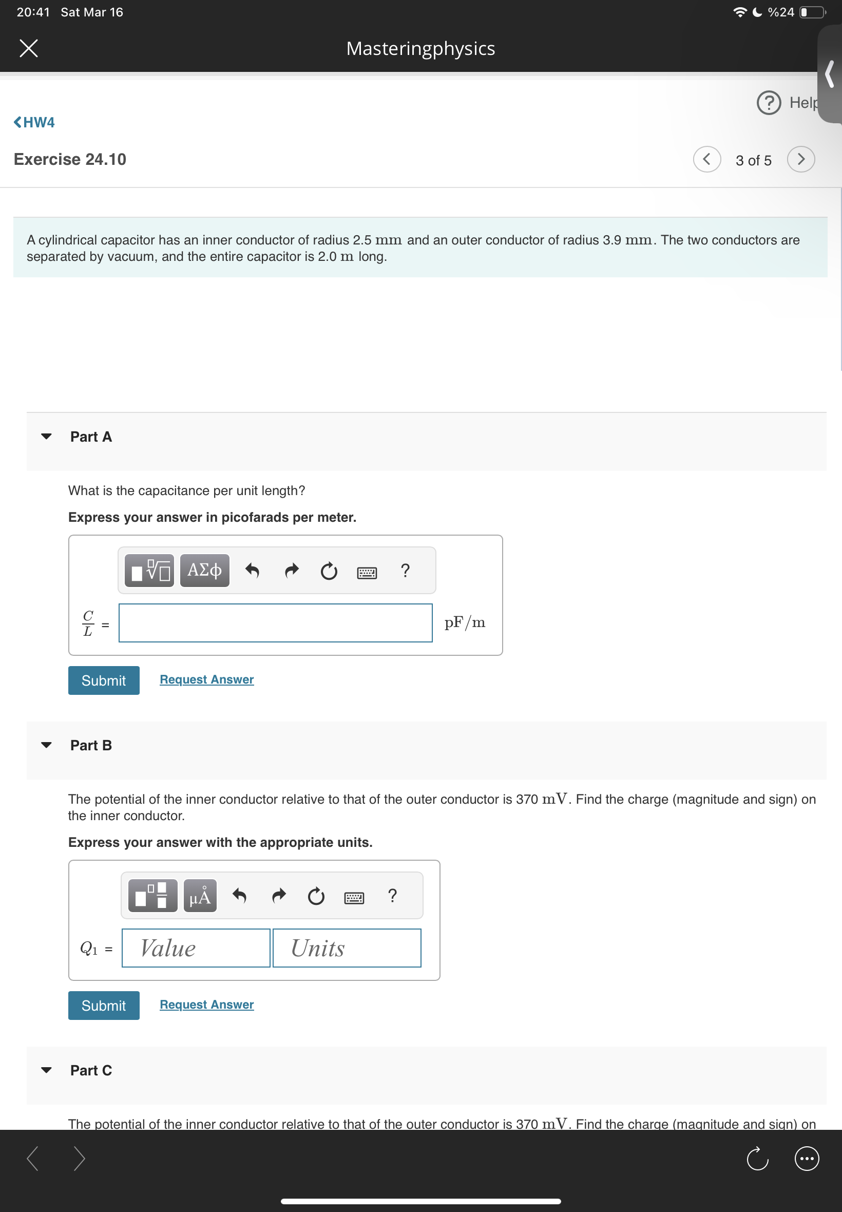 Solved Exercise 24.10A cylindrical capacitor has an inner | Chegg.com
