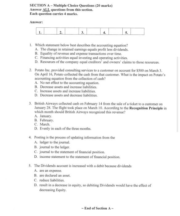 Solved SECTION A - Multiple Choice Questions (20 marks) | Chegg.com