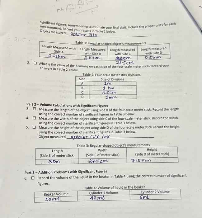 Solved Part 2 - Volume Calculations with Significant Figures | Chegg.com