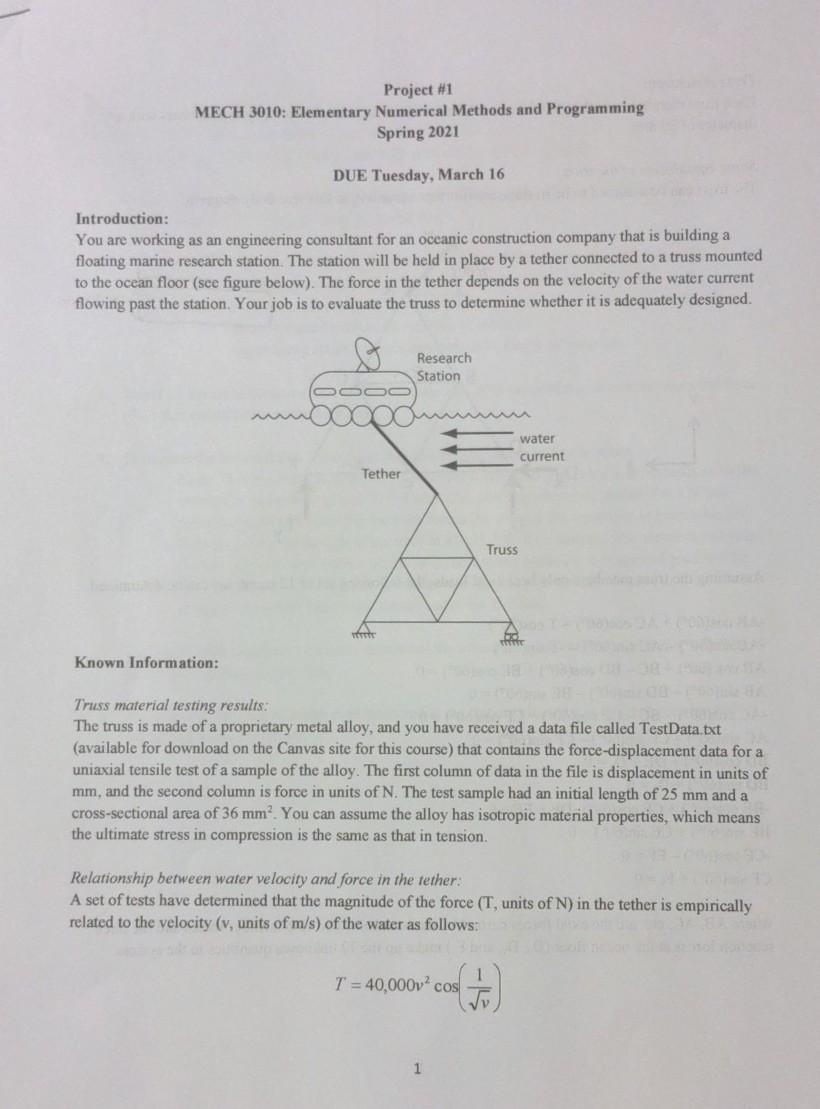Project #1 MECH 3010: Elementary Numerical Methods | Chegg.com