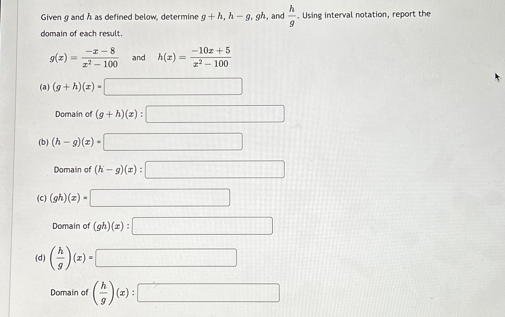 Solved Given g ﻿and h ﻿as defined below, determine | Chegg.com