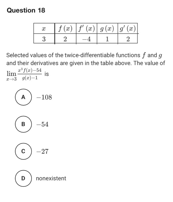 Solved Question 18 2 3 f (x) 2 f'(x) g(x) g' () -4 | 1 | 2 | | Chegg.com