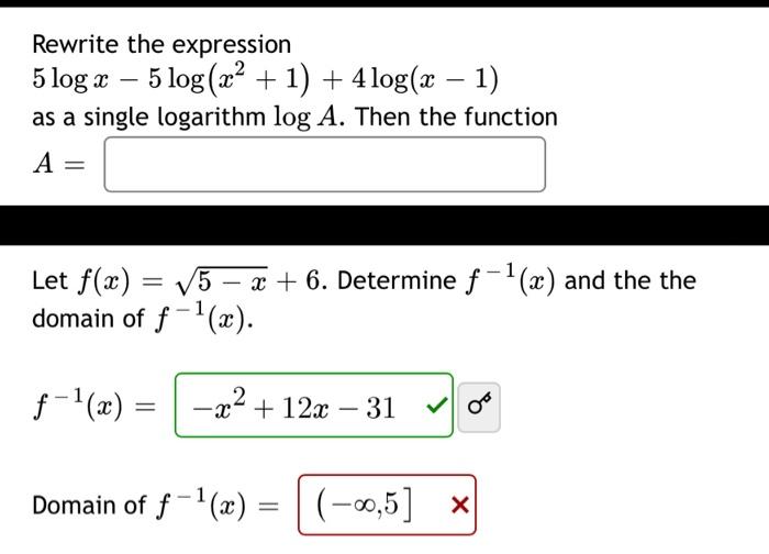 Solved 5logx−5log(x2+1)+4log(x−1) as a single logarithm | Chegg.com