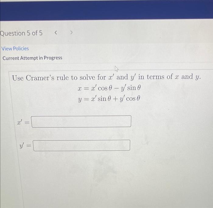 Solved Use Cramer's rule to solve for x′ and y′ in terms of | Chegg.com