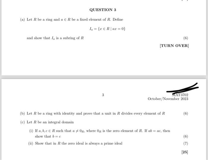 Solved QUESTION 3 (a) Let R be a ring and a € R be a fixed | Chegg.com