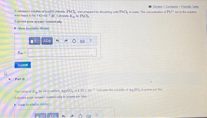 Solved A saturated solution of lead(II) chloride, PbCl2, was | Chegg.com