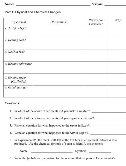 Solved Part 1: Physical and Chemical Changes Questions: 1. | Chegg.com