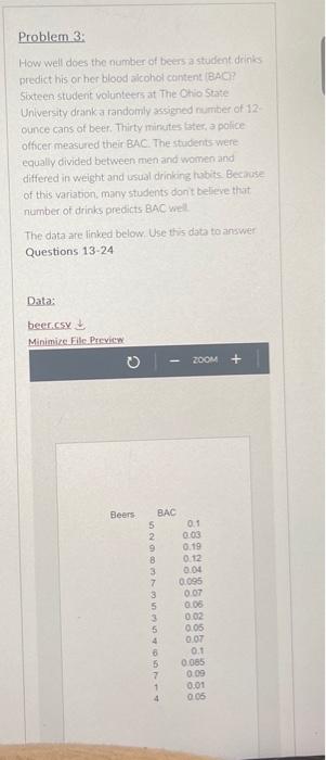 Solved Problem 3: How welt deses the number of beers a | Chegg.com