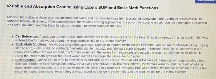 Solved Variable and Absorption Costing using Excel's SUM and | Chegg.com