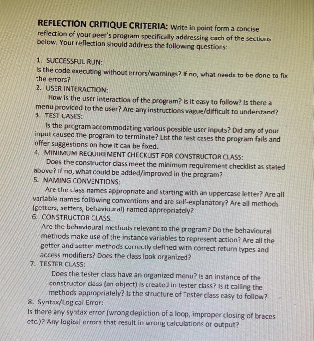 Solved REFLECTION CRITIQUE CRITERIA: Write in point form a | Chegg.com
