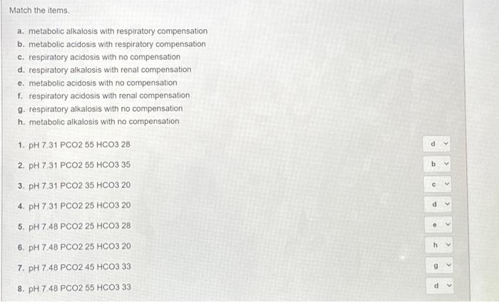 Solved Match the items. a. metabolic alkalosis with | Chegg.com