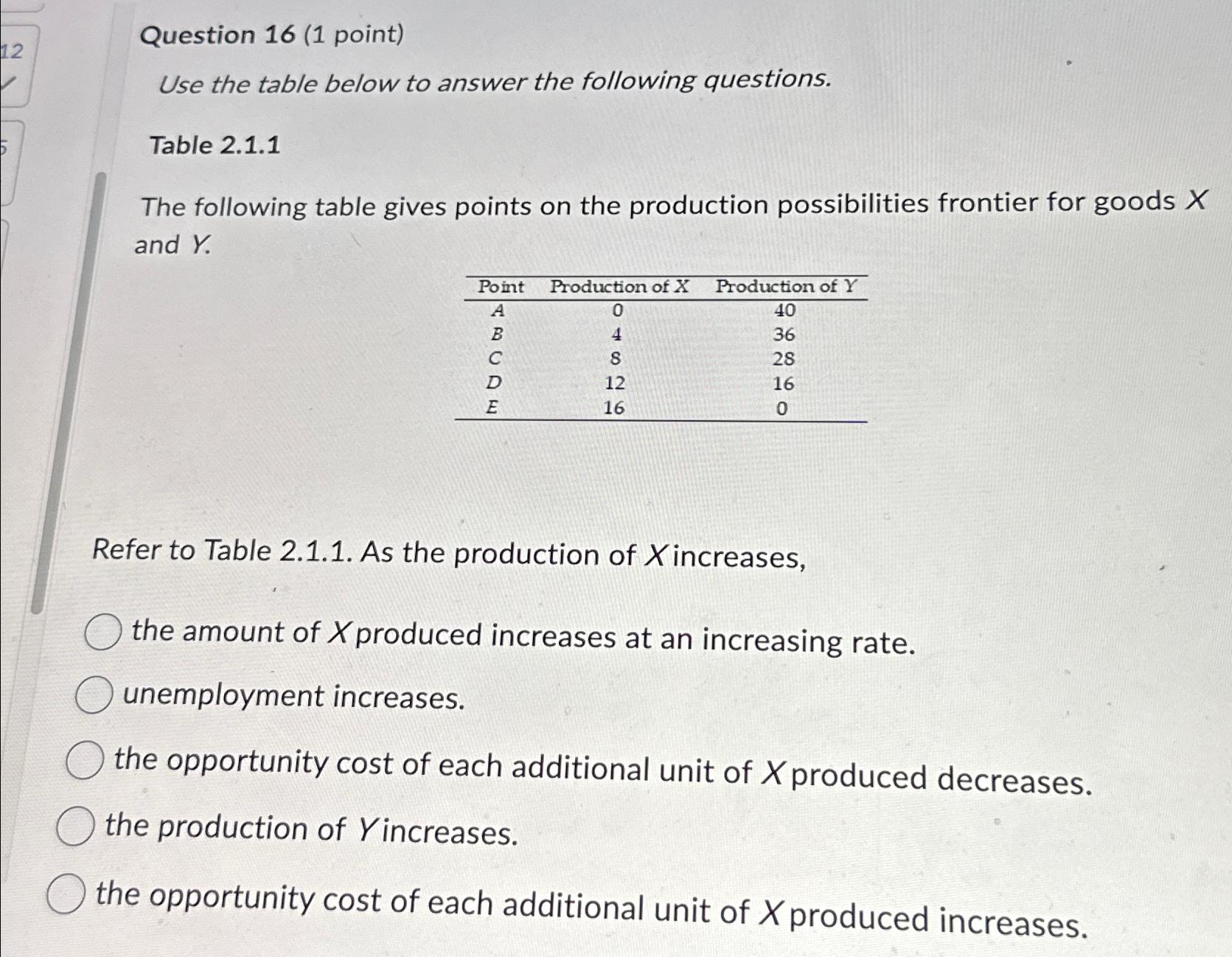 Solved Question 16 (1 point)\\nUse the table below to answer | Chegg.com