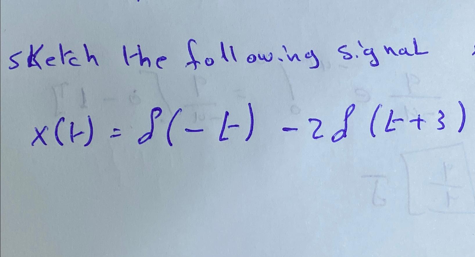 Solved sketch the following signalx(t)=δ(-t)-2δ(t+3) | Chegg.com