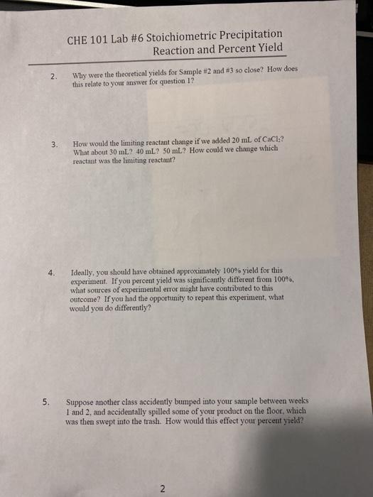 Solved CHE 101 Lab #6 Stoichiometric Precipitation Reaction | Chegg.com