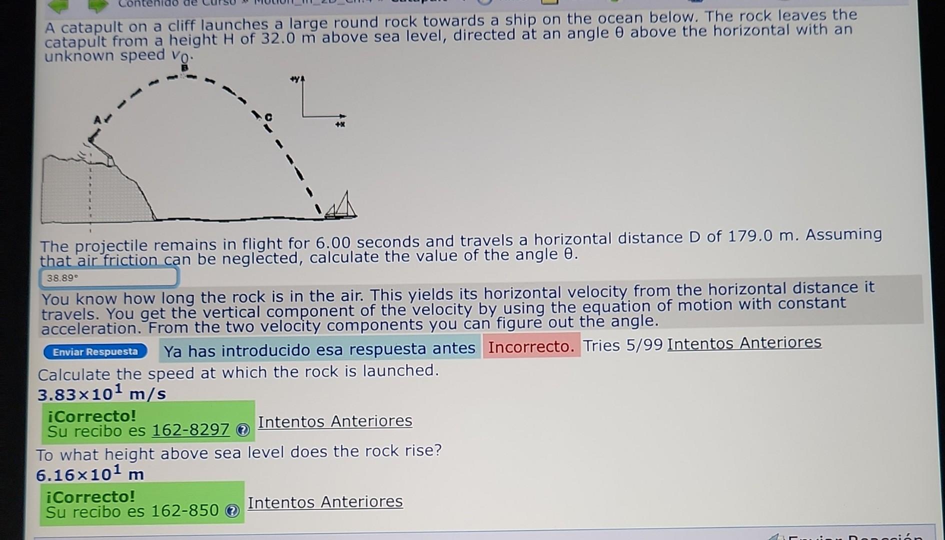 Solved A catapult on a cliff launches a large round rock | Chegg.com