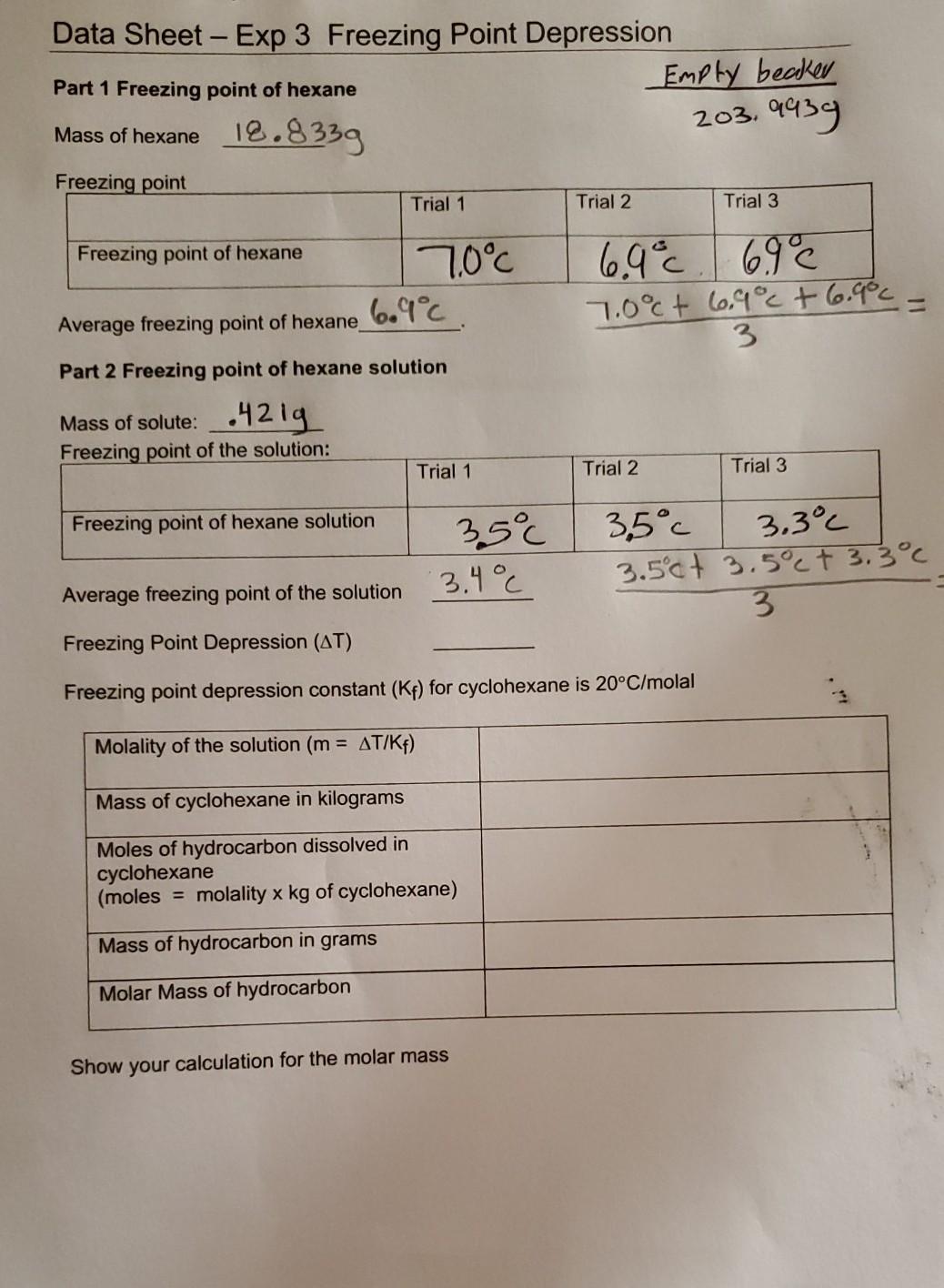Solved Data Sheet - Exp 3 Freezing Point Depression Part 1 | Chegg.com