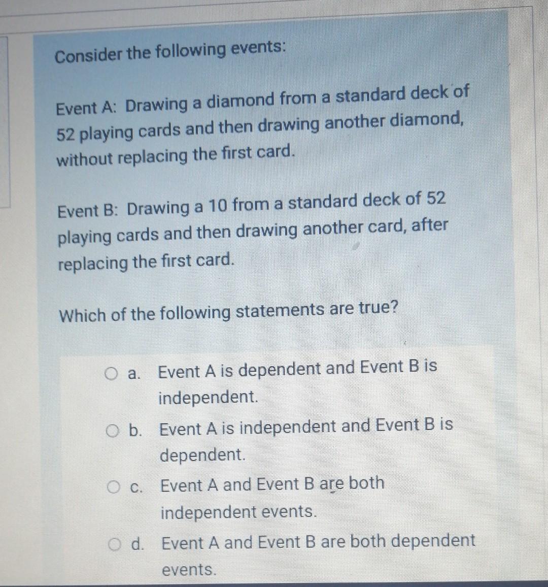 Solved Consider the following events: Event A: Drawing a | Chegg.com