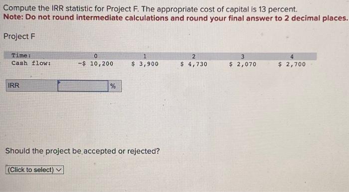 Compute the IRR statistic for Project F. The | Chegg.com