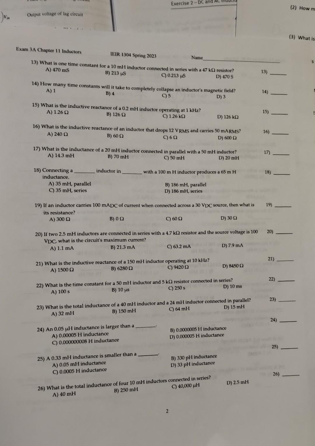 Solved Exam 3A Chapter 11 Inductors IEIR 1304 Spring 2023 | Chegg.com