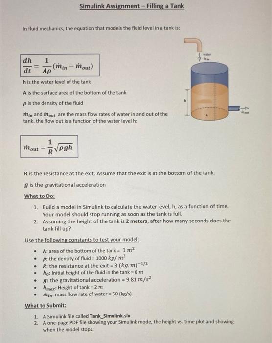 Simulink Assignment - Filling a Tank In fluid | Chegg.com