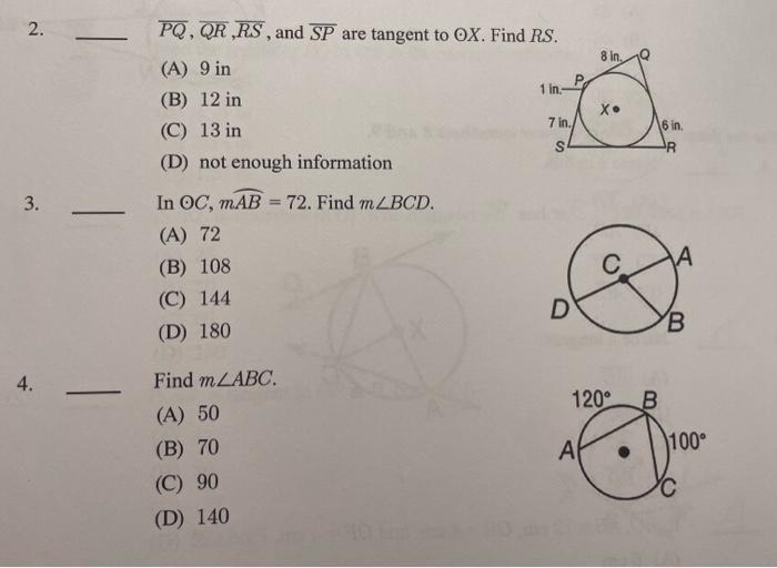 Solved 2. −PQ,QR,RS, and SP are tangent to OX. Find RS, (A) | Chegg.com