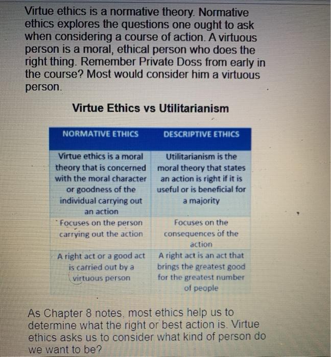 Virtue ethics is a normative theory. Normative ethics | Chegg.com